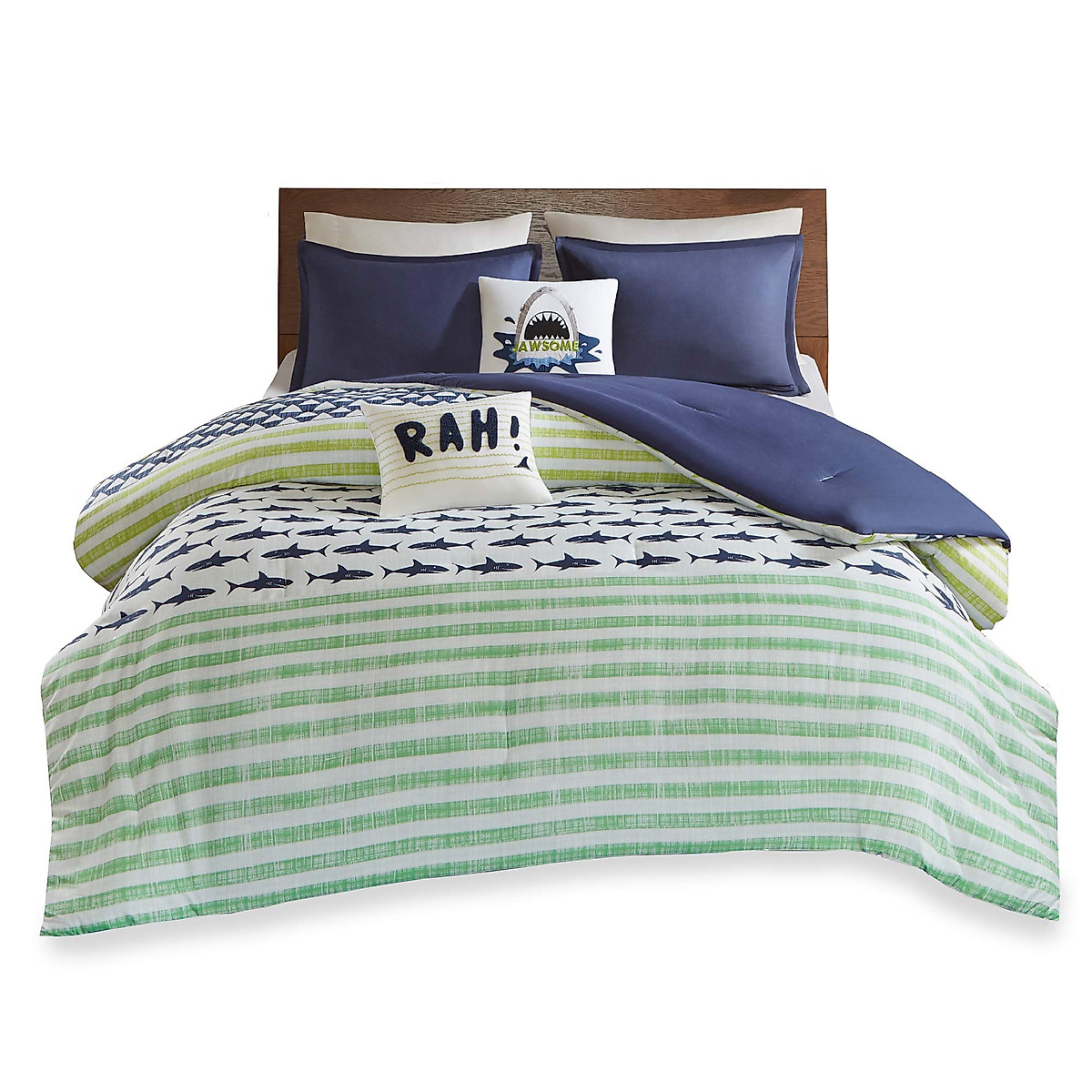 Urban Habitat Kids 100% Cotton Comforter Set-Fun Print and Vibrant Color Modern Design All Season Cozy Bedding,Matching Shams,Decorative Pillow, Full/Queen,Shark Stripes Green/Navy with 2dec pillows