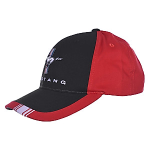 Checkered Flag Men's Ford Mustang Cap Logo Rally Stripe Black & Red Hat