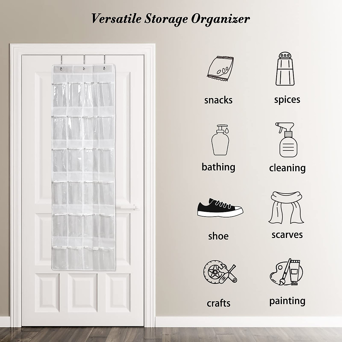 Over The Cabinet Door Organizer with 24 Clear Pockets, 60x18 inch Behind The Pantry Door Storage Organizer, Back of Bathroom Door Storage Organizer, White