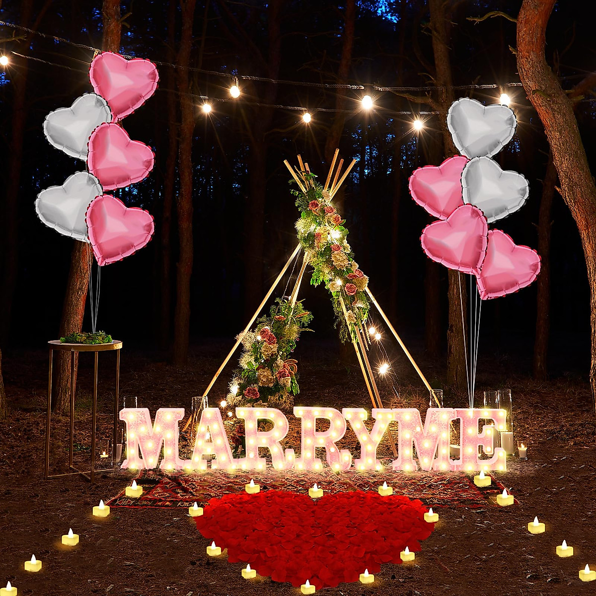 WLLEYAY Marry Me Sign Large Proposal Decorations Light Up Letters with 2000 Pcs Rose Petals and 24 Romantic LED Flameless Candles Love Balloons Kit for Valentines Day Engagement Wedding Outdoor Decor