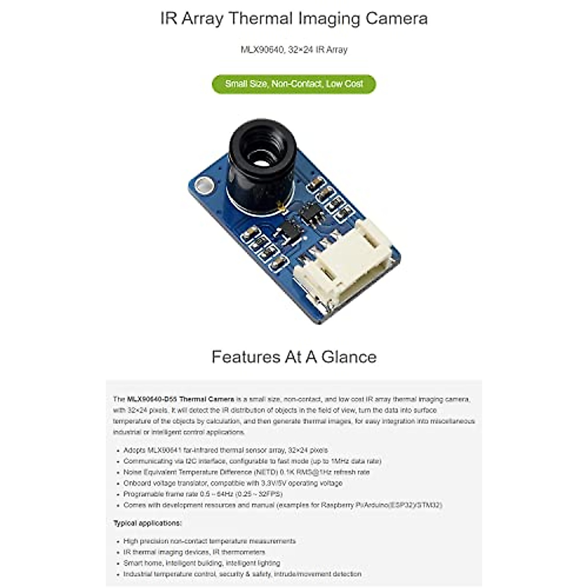 waveshare MLX90640 IR Array Thermal Imaging Camera with 32×24 Pixels 55° Field of View Communicating via I2C Interface Supports Raspberry Pi/rduino(ESP32)/STM32, etc.