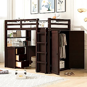 Harper & Bright Designs Twin Size Loft Bed with Desk and Wardrobe, Wood Loft Bed Frame with Storage Drawers and Full-Length Guardrails, High Loft Bed for Kids Teens Boys and Girls (Espresso)
