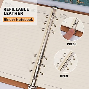Songaa Leather A5 Ring Binder Notebook, 6 Ring A5 Notebook Binder with Pockets and A5 Refill Papers, Travel Binder Journal with Ring Binder, Refillable Journal Writing Notebook Grey