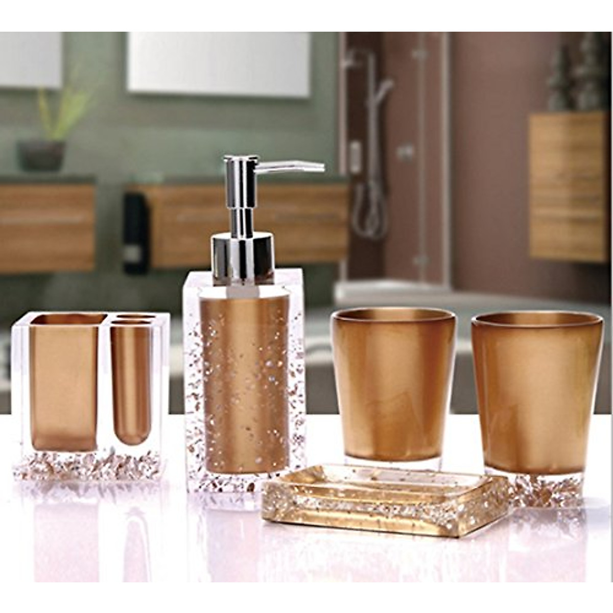 AMSS 5 Piece Stunning Bathroom Accessories Set in Crystal Like Acrylic Tumbler Dispenser Soap Dish Cups,Gold