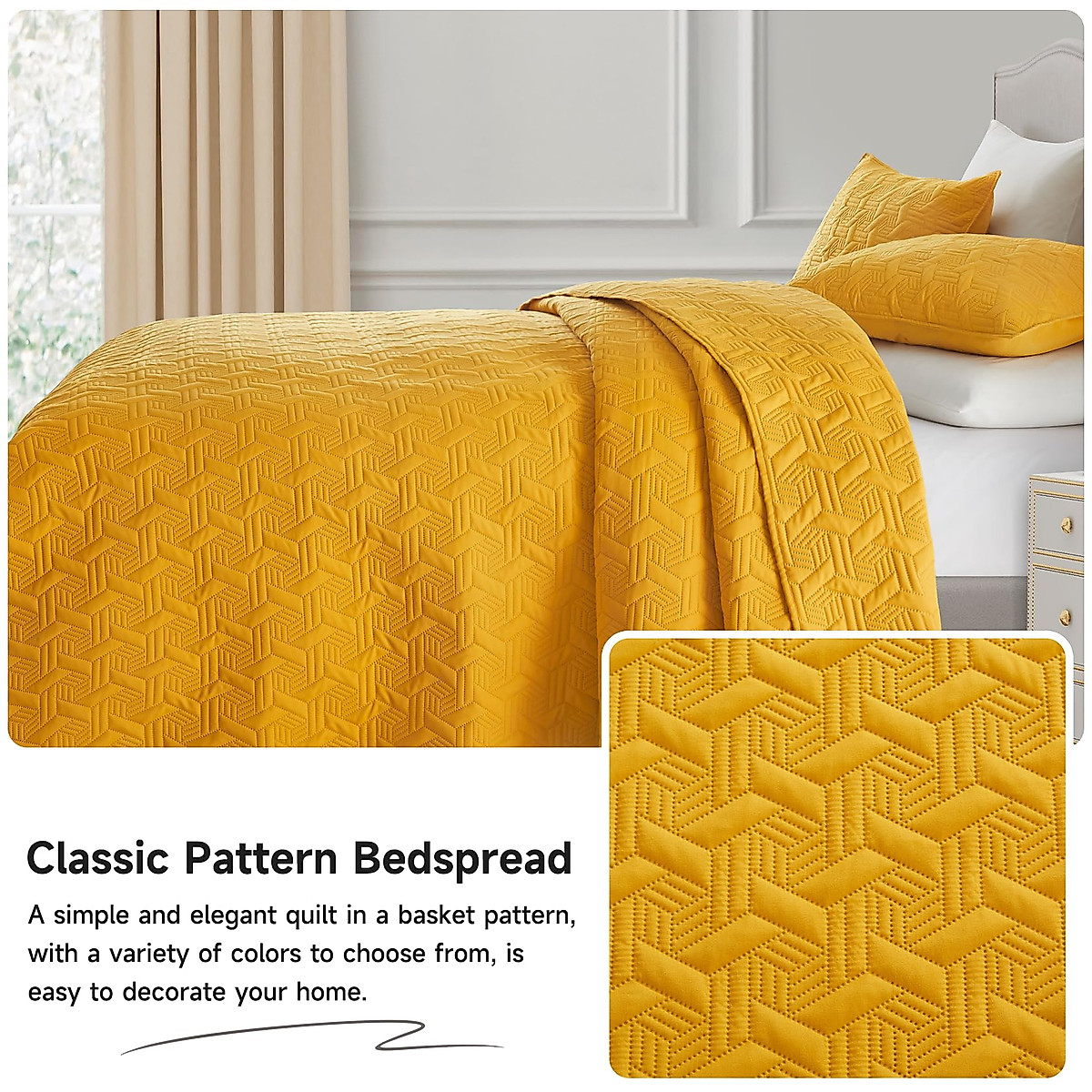 Lavsiry Mustard Yellow Quilt Full/Queen Size Bedding Set, Summer Thin Microfiber Quilted Bedspread & Coverlet, Soft Lightweight Comforter for All Seasons - 3 Piece(1 Quilt, 2 Pillow Shams)