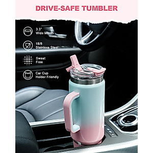 Trebo 40 oz Tumbler with Handle, Insulated Cup with Straw Leak-proof 2-in-1 Lid,Stainless Steel Coffee Mug for Cup Holder with Small Pouch, Metal Travel Flask Gifts for Her/Him,Keep Cold Hot,Orange