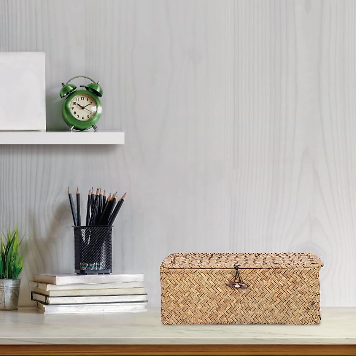 Lwuey Seagrass Storage Baskets with Lid, Rectangular Shelf Rattan Basket Lids Seaweed Box Woven Boxes Handwoven Wicker Straw Bin Container Organizer for Home Living Room Closet Bedroom Desktop(S)