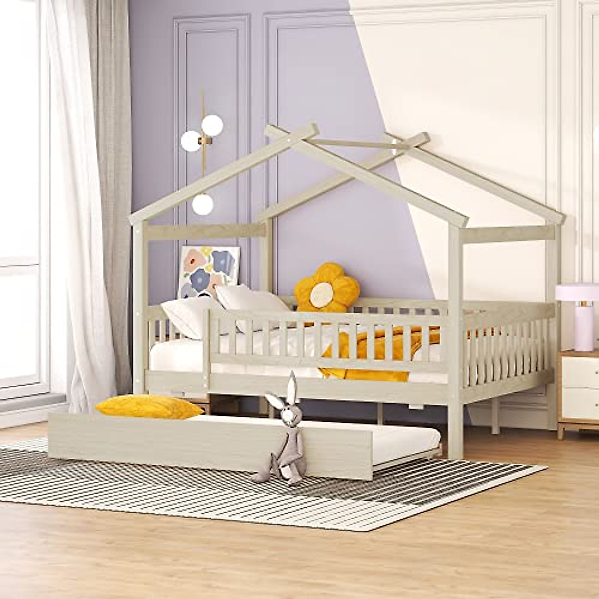 DEINPPA Full House Bed with Trundle, Kids Bed with Fence Guardrails, Wood Bed Frame, Decorative Roof Designs, No Box Spring Needed, for Boys Girls Toddler Kids-Natural