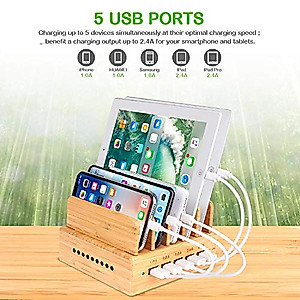 OthoKing Bamboo Charging Station, Wood Charging Station for Multiple Devices with 5 Ports USB Charger Docking Station for iPhone, iPad,Tablet, and Android Cell Phone