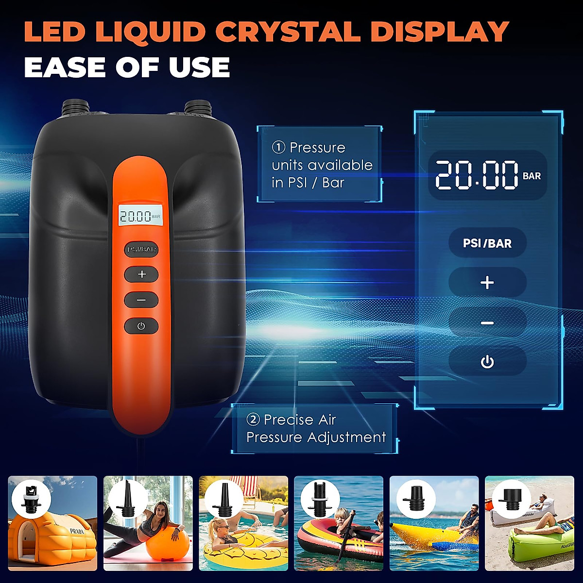 furein 20PSI High Pressure SUP Air Pump, Electric Paddle Board Pump Auto-Off, Dual Stage Inflation & Deflation Function, 12V DC Car Connector for Inflatable Stand Up Paddle Boards, Boats, Tent Kayaks