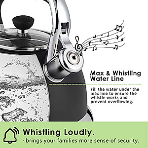 Rorence Stainless Steel Whistling Tea Kettle: 3.5 Quart Tea Pot with Capsule Bottom & Glass Lid for Stovetop - Black