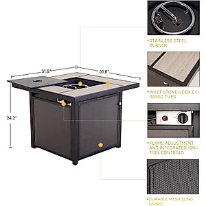 Grand patio 5-Piece Outdoor Furniture Set with 32'' Square Ceramic Tile Tabletop 50,000 BTU CSA Approved Fire Pit,4 Rocking Patio Chairs with Olefin Cushions and Pillows-Peacock Blue