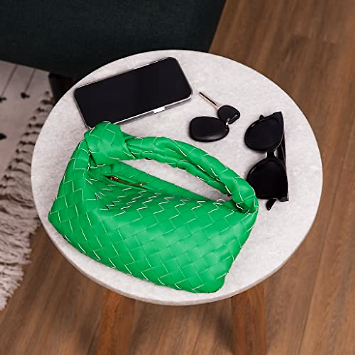 CINQ Boutique - Imported Genuine Leather Woven Knot Designer Women Shoulder Handbag - Green With Gold Accents - 1 Count