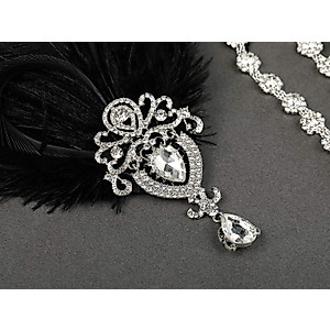 SWEETV 1920s Feather Headpiece Black, Womens Ostrich Feather Crystal Headband, Great Gatsby Hair Accessories for Women, Ribbon Tie