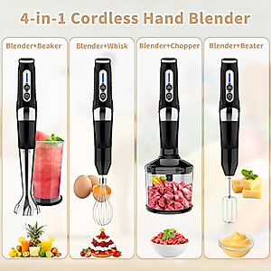 Cordless Immersion Blender: 4-in-1 Rechargeable Electric Hand Blender, 21-Speeds & 3-Angle Adjustable with 700ml Chopper, 700ml Beaker, Egg Whisk and Beater for Smoothies, Soup, Baby Food (Black)