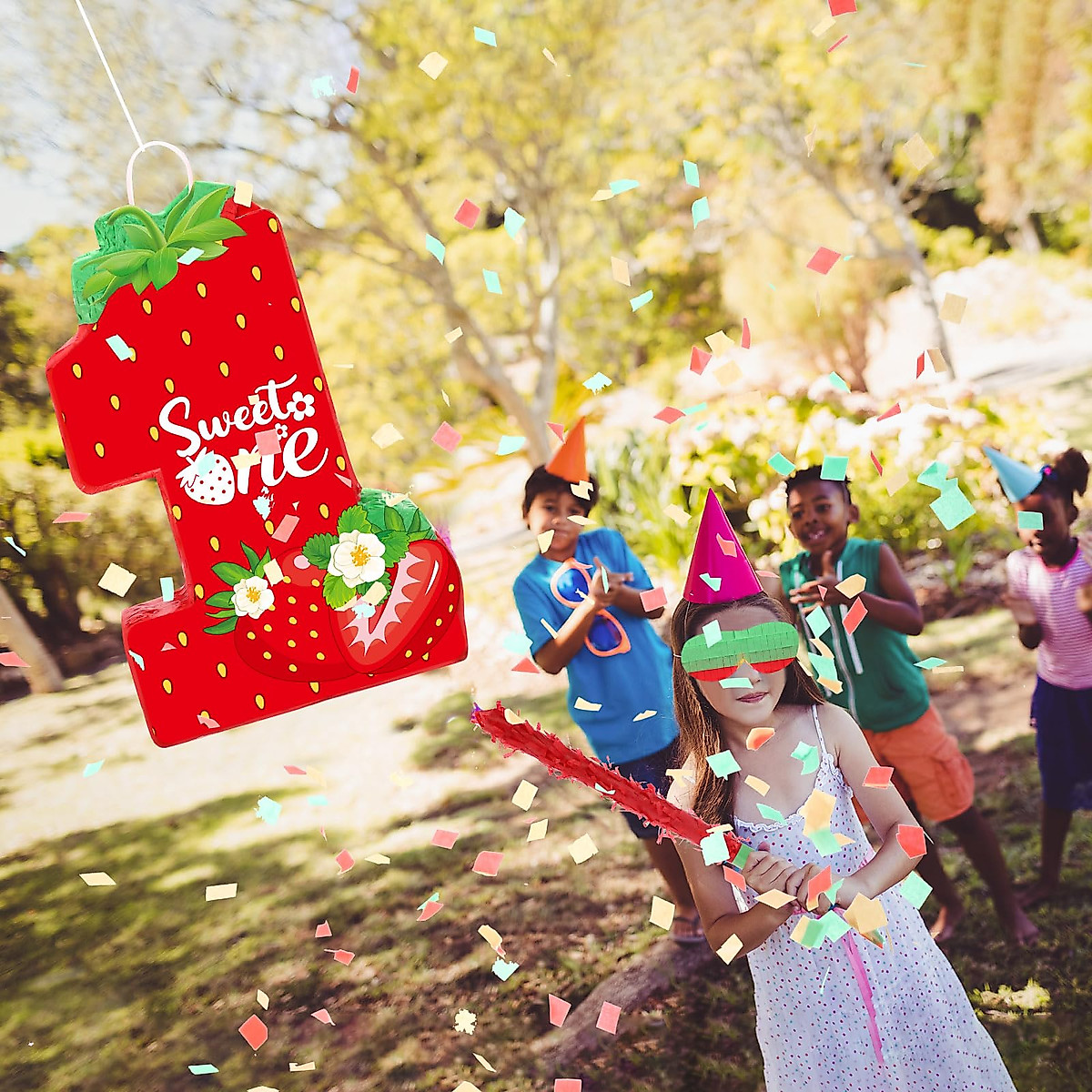 Aoriher Strawberry 1st Birthday piñata Strawberry piñata Summer Berry Strawberry piñata with stick Blindfold Mask Confetti for Girls Strawberry Theme Birthday Baby Shower Party Game Supplies Decor