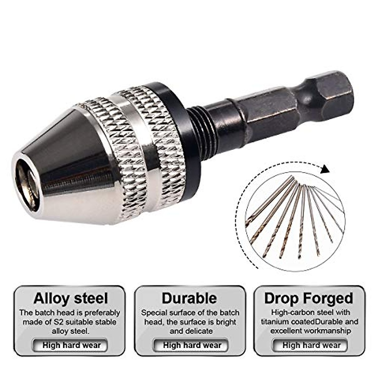 HOHXEN Keyless Mini 3-Jaw Drill Chuck Screwdriver Adapter with Quick-change 1/4" Hex Shank to Hold Straight-shank 0.3-3.6mm Drill Bits Milling Cutters for Micro-production, One Chuck (Not Three)