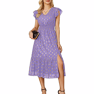Lavender Dress for Women Gold Dots 2023 Summer Midi Dress V Neck Ruffle Sleeve A-Line Swing Flowy Tiered Cocktail Dresses L