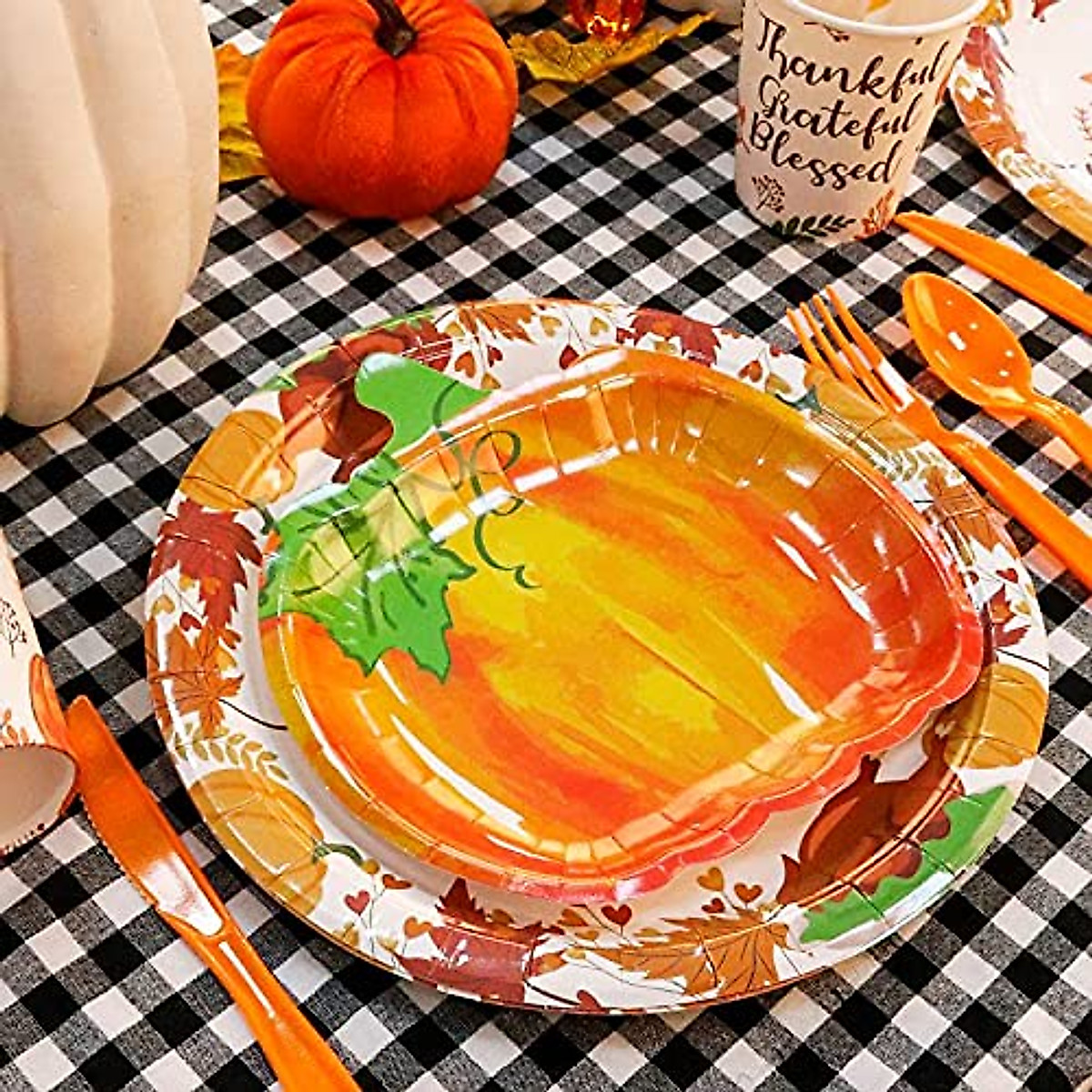 Disposable Thanksgiving Plate And Napkin Set - Pack of 72 - Fall Dinner Party Decorations - Thankful, Grateful Party Supplies - Cups, Cutlery Holder, Napkins Parties Pack - Pumpkins Turkey, Leaves
