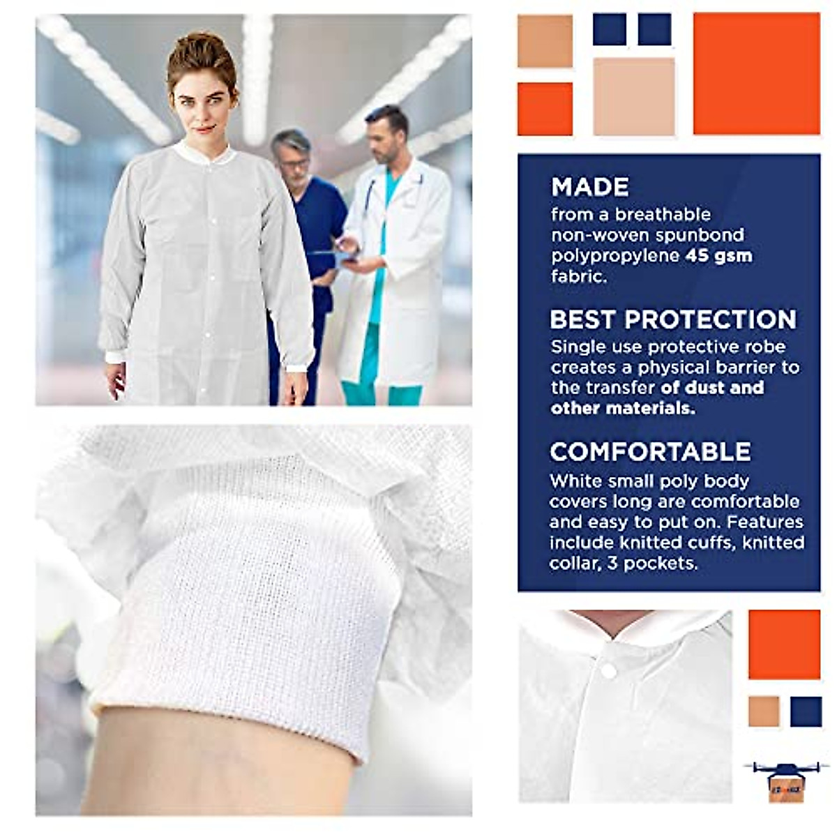 EZGOODZ White Disposable Lab Coat Small, Pack of 10 Unisex Disposable Lab Coats for Adults, SPP 45 GSM Painting Lab Coat Disposable, Plastic Lab Coats with Snaps Front, Knit Cuffs, Collar, 3 Pockets