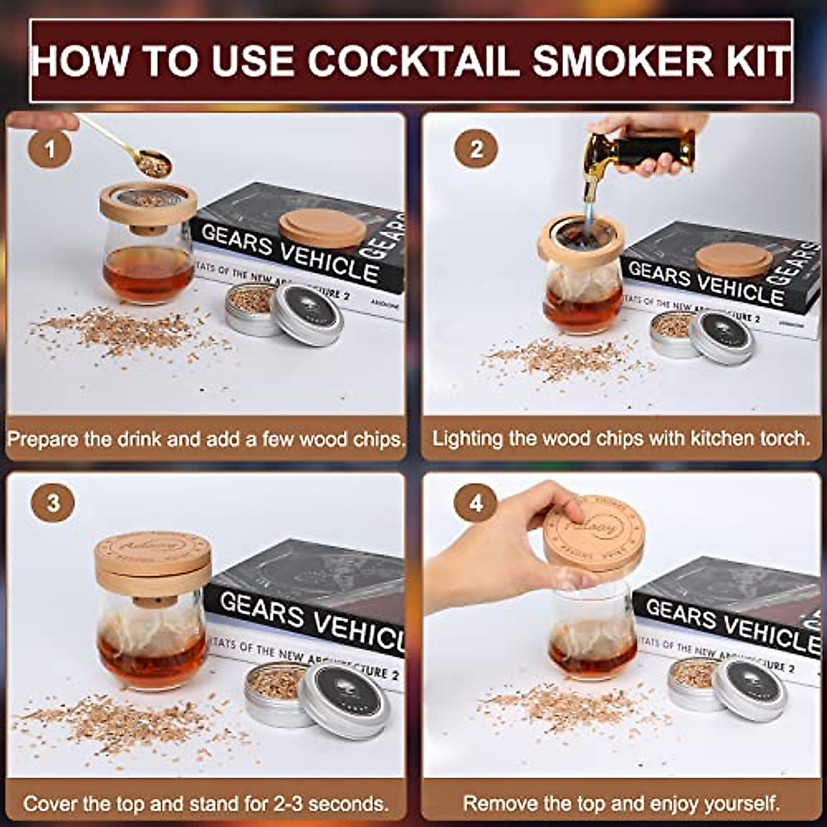 Adoay Cocktail Smoker Kit, Drink Smoker Gifts for Men w/4 Wood Chips/Torch/Whiskey Stones, Old Fashioned Smoker Kit Smoker Accessories for Whisky Smoker Bar Set Birthday Gifts