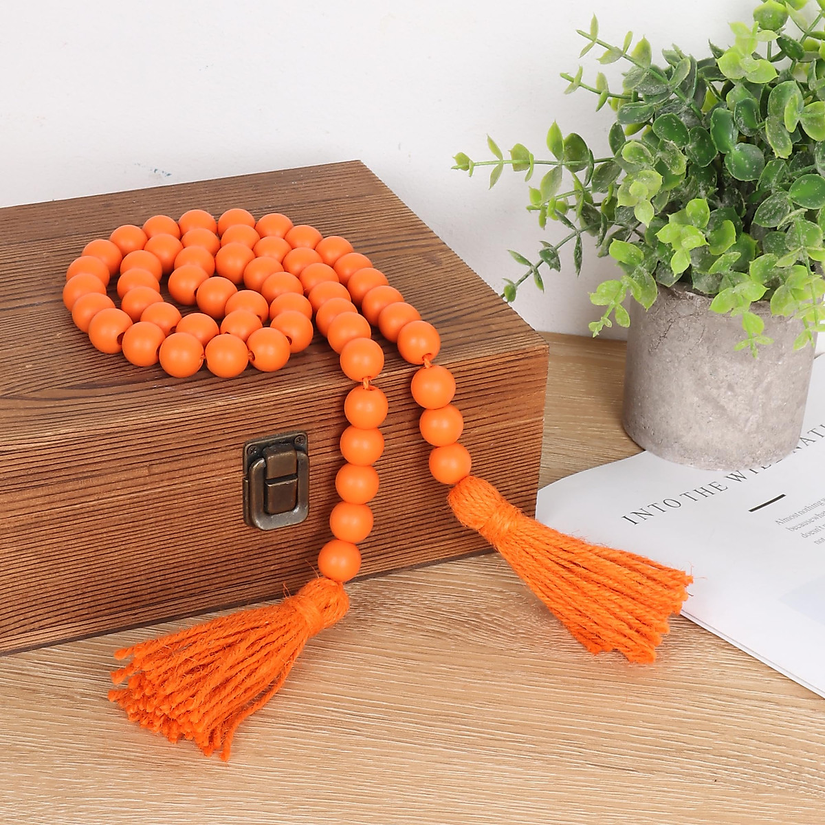 RAMIRABI Wood Beads Garland with Tassels Farmhouse Beads Rustic Prayer Beads Boho Beads for Boho Home Decor,Wall Hanging Decoration (Orange)