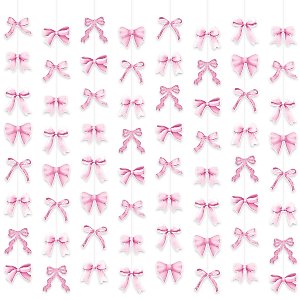 Pink Bow Party Hanging Garland Decorations, Coquette Birthday Decorations, Pink Bow Decorations for Baby Shower Bridal Bachelorette Wedding Party Decor