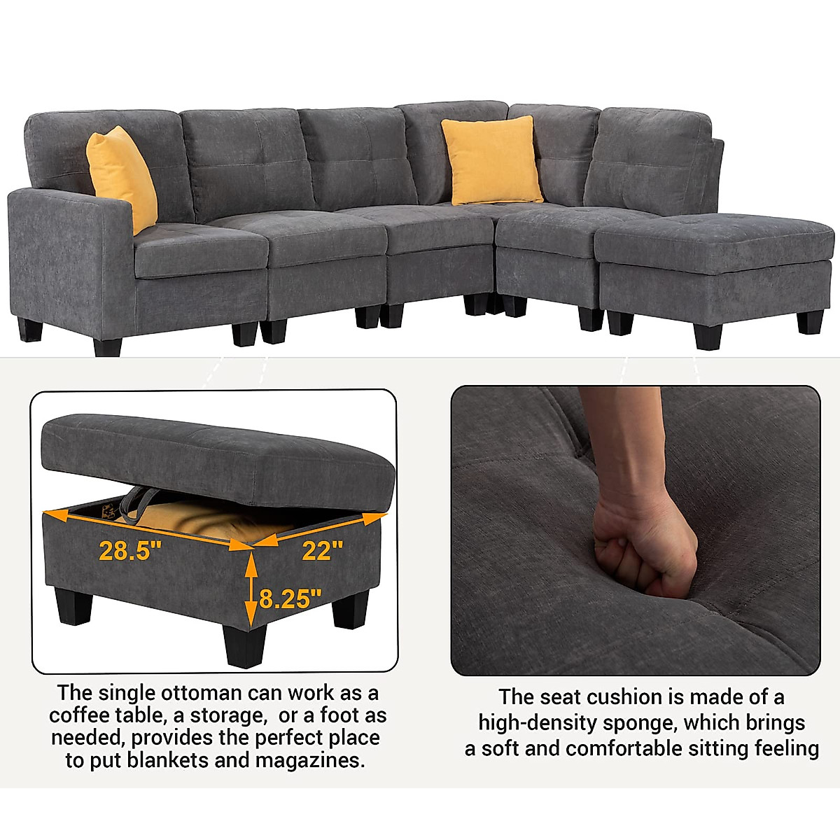 Flesser Loveseat Sofa Small Sectional Couch with Storage Modular Couch Love Seat with Ottoman for Small Spaces Velvet Convertible Bedroom Couch in Dark Grey