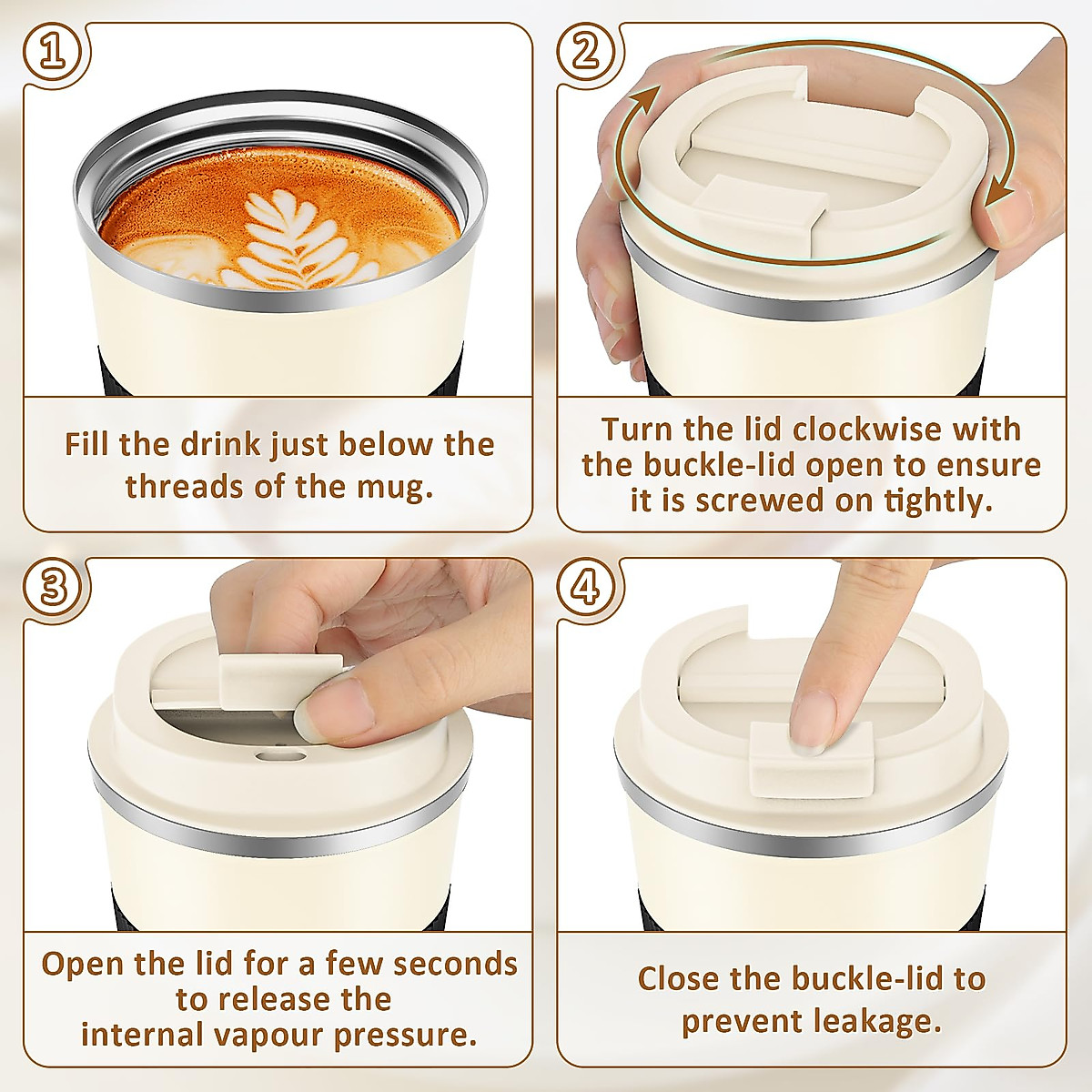 KETIEE 12oz Travel Mug: Vacuum Insulated Coffee Cup with Leakproof Lid, Travel Coffee Mug Stainless Steel Double Walled Reusable Coffee Cup for Hot and Cold Water Coffee (Beige)