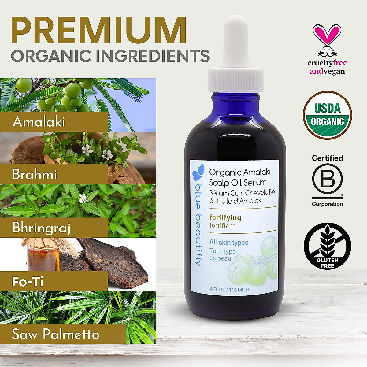 Blue Beautifly Organic Amalaki Scalp Oil Serum | Strengthens Hair Follicles, Restores Growth, and Treats Dandruff | USDA Certified Organic | Enriched with Rosemary Oil and Ayurvedic Herbs | 4 fl oz