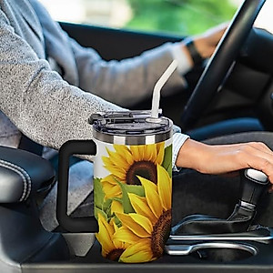 Sunflower 40 Oz Water Bottle, Stainless Steel Tumbler with Handle And Straw, Extra Large Insulated Tumbler, Flip Straw Tumblers for Sports, Work, Car, Travel And Weekends