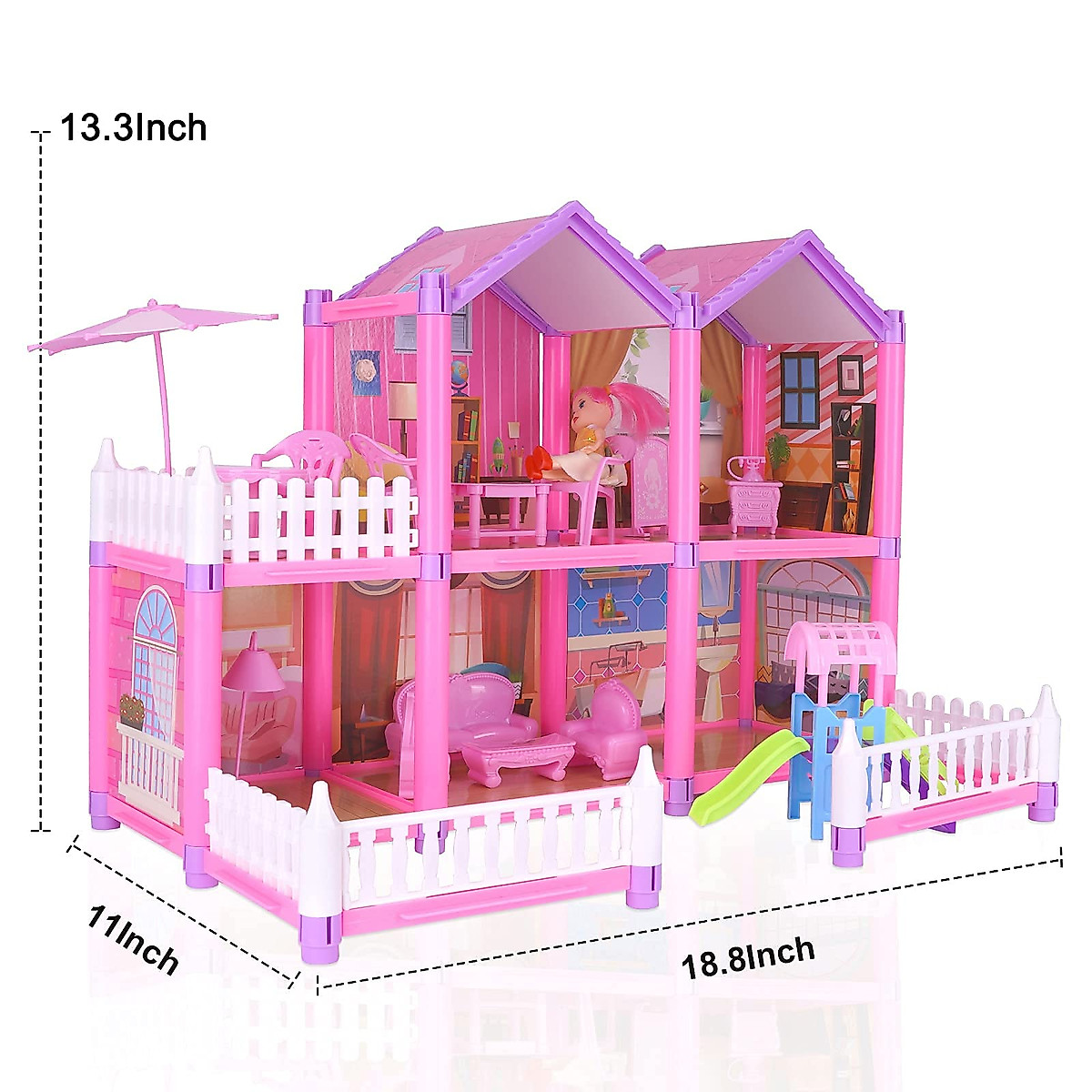 Dollhouse Toy House with Accessories and Furniture, Kids Dollhouses for Girls DIY Doll House Kits with 126 Little Pieces,Dreamhouse Gift for 3 4 5 6 Years Old Toddler Girls (5 Rooms and 1 Balcony)