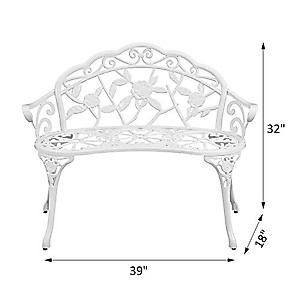 HOMEFUN Patio Outdoor Bench, White Cast-Aluminum Garden Benches Metal Loveseat Outdoor Furniture for Park Lawn Front Porch