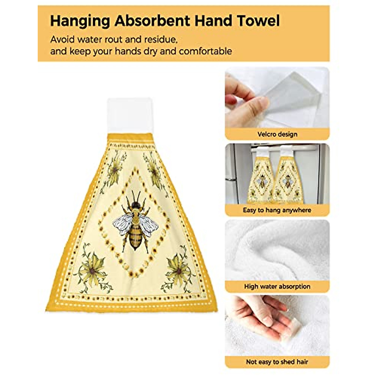DecorLovee Summer Bee Hanging Kitchen Towels 2 Pack, Hand Towels with Hanging Loop for Bathroom, Yellow Lace Farmhouse Sunflower Rustic Kitchen Hand Towels Absorbent Dish Cloths Tie Dry Towel 18"x14"