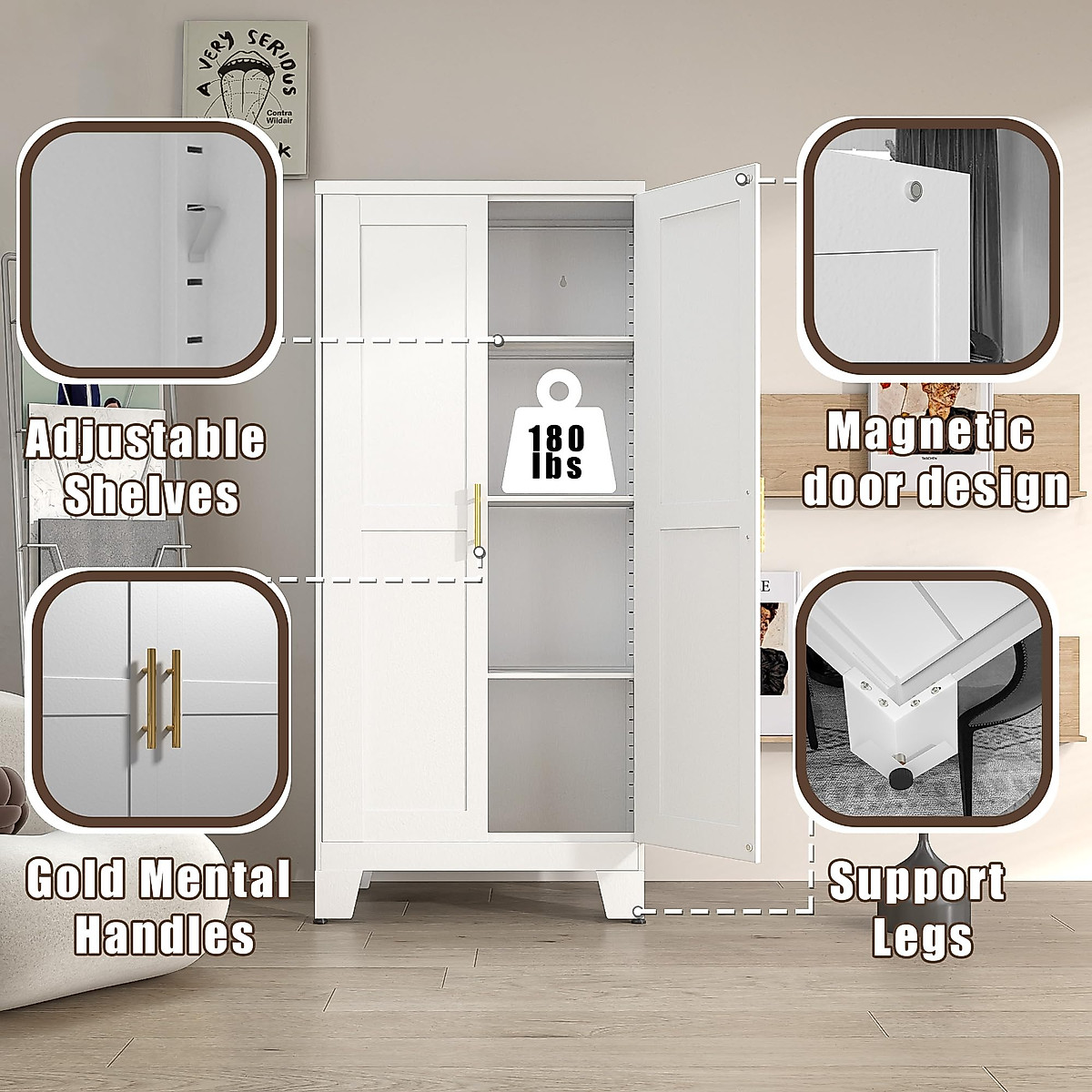 White Metal Pantry Cabinet with 2 Doors and Adjustable Shelves, 61" Kitchen Storage cabinets with Gold Handles, Versatile Storage for Laundry/Living/Dinning Room, Bathroom,Utility Room