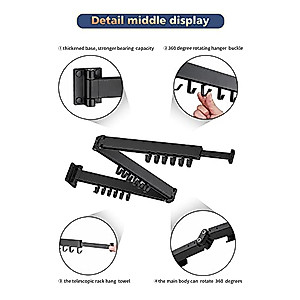Wall Mounted Clothes Hanger Rack, Retractable Clothes Drying Rack Folding Indoor, Laundry Drying Rack, Space Saver Clothes Rack,Collapsible(Tri-Fold),with 18 J-Hooks Laundry Rack Black