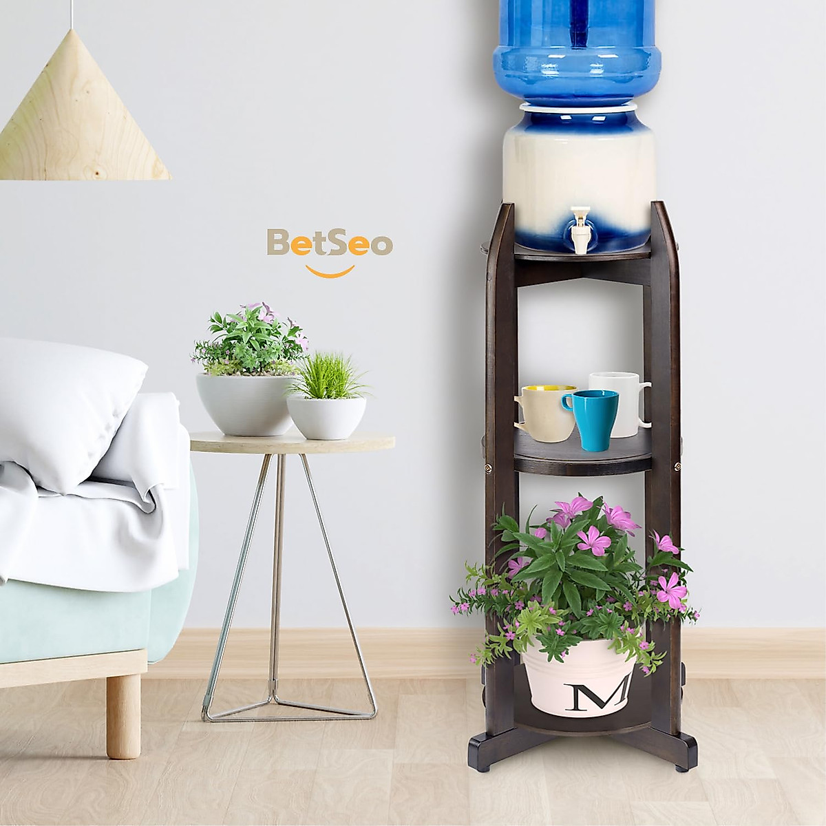 BETSEO Natural Solid Wood Water Dispenser Floor Stand (32.8" Hight-11.2" Wide) Drink Dispenser Floor Stand with 3 Round Shelfs Included for 1-5 Gallon Water Bottles/Crocks, Water Jug (Walnut Color)