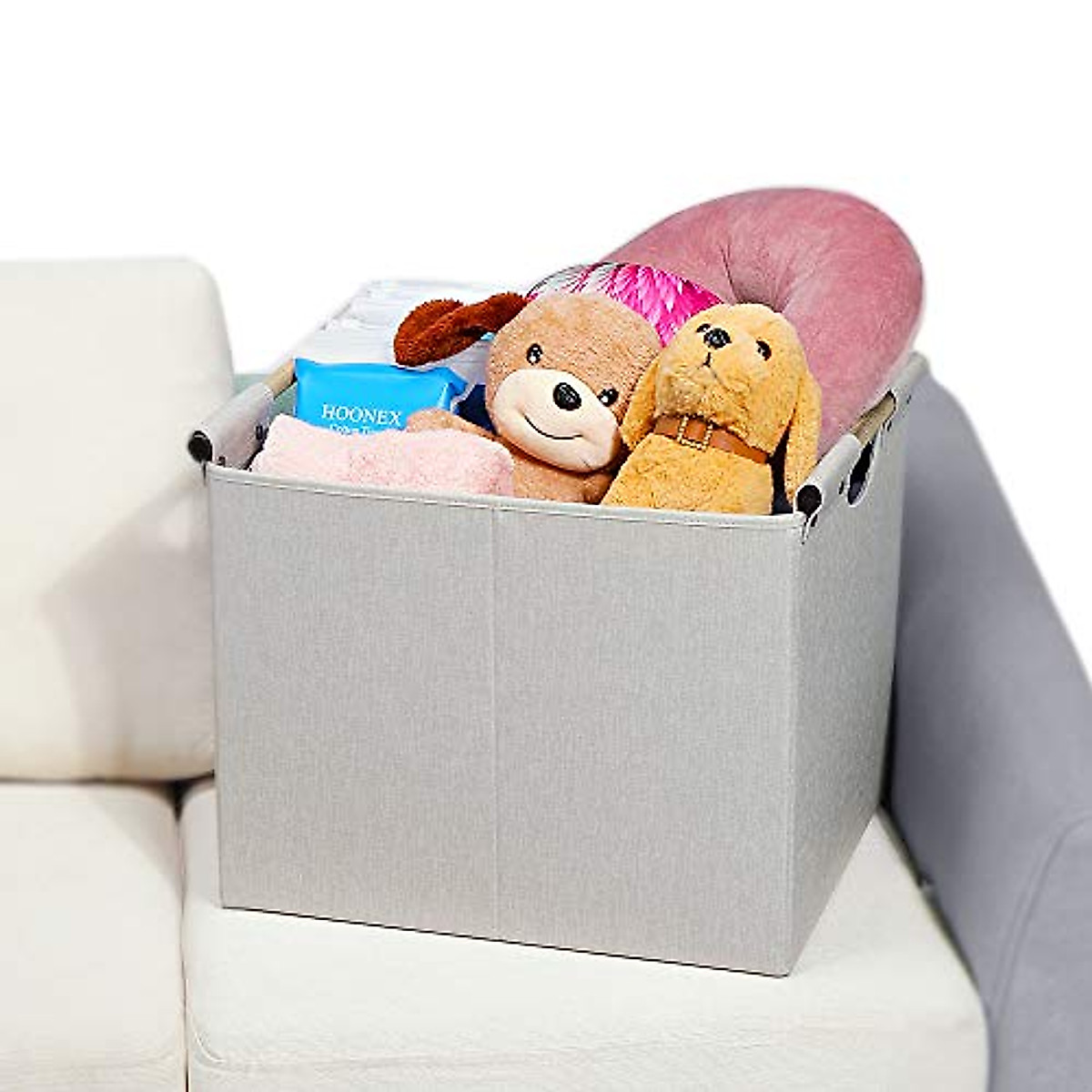 HOONEX Large Foldable Storage Bins, Linen Fabric, 2 Pack, with Wooden Carry Handles and Sturdy Heavy Cardboard, for Home, Office, Car, Nursery, Beige