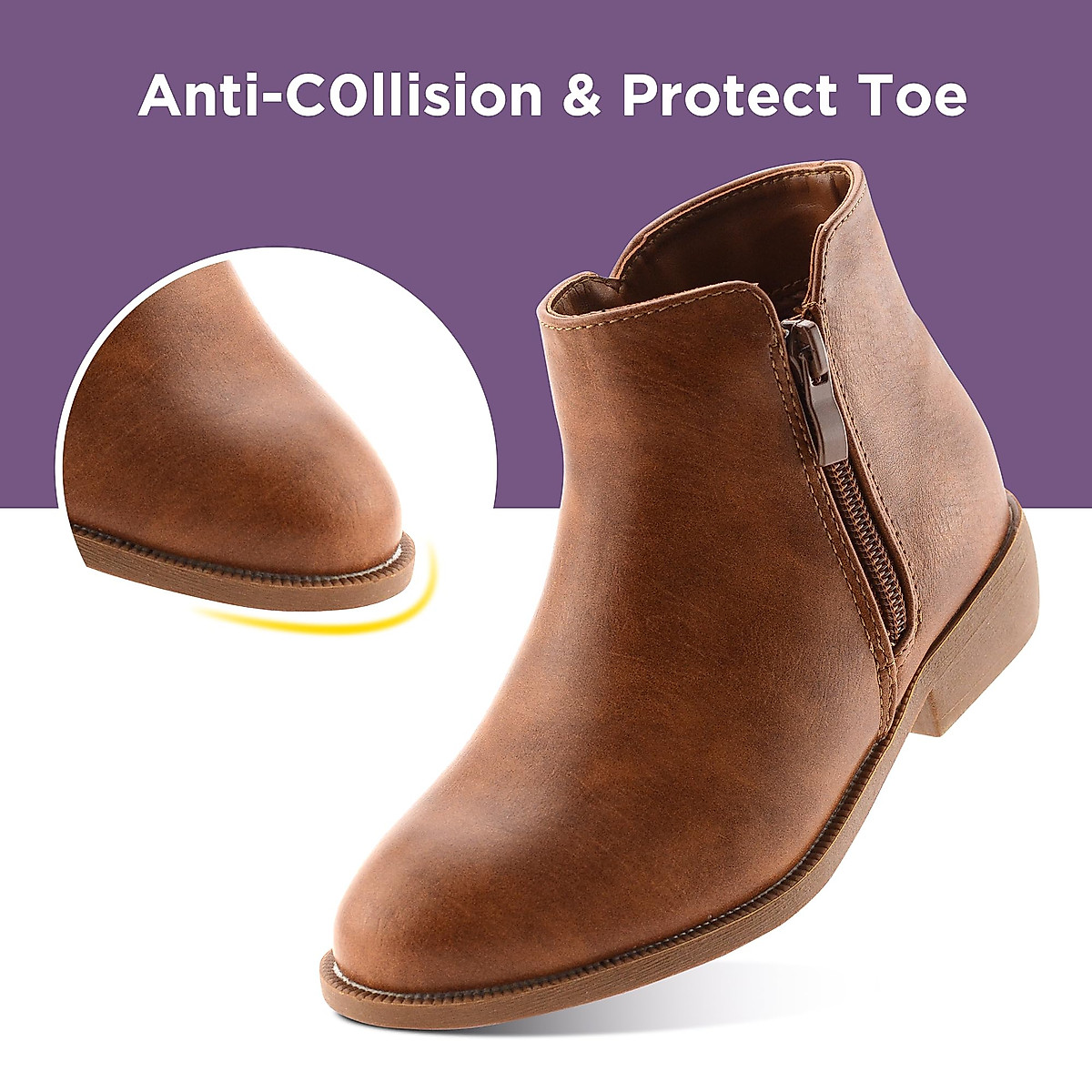 LseLom Girls Ankle Boots Low Heel Side Zipper Fall Winter Booties Outdoor Shoes for Little Kids/Big Kids PU Brown Size US 2