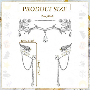 Hicarer 3 Pcs Halloween Rhinestone Leaf Headband Metal Elf Ears Cuffs Fairy Costume Crown Cosplay Accessories for Women(Silver)