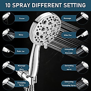 ZYlifemagic High Pressure 10-mode Shower Head With Handheld - Anti-clog Nozzles, Stainless Steel Hose, Cleaning Fuctions For Tubstiles Pets Wall And Overhead Brackets Cleaning -Premium Chrome