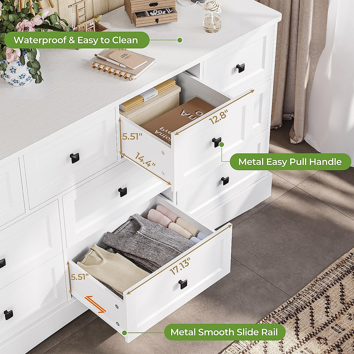 Hasuit White Dresser for Bedroom with 10 Drawers, 55.2" Long Drawer Dresser with Charging Station, Farmhouse Dresser Chest of Drawers, Large Wooden Storage Tower Organizer, Dresser for Bedroom Closet