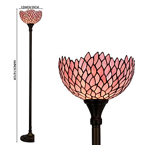 WERFACTORY Tiffany Floor Lamp Pink Stained Glass Wisteria Light 12X12X66 Inches Pole Torchiere Standing Corner Torch Uplight Decor Bedroom Living Room Home Office S523P Series
