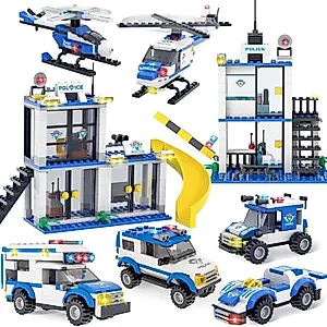 WishaLife City Police Station Building Kit, Includes 4 Police Cars & 2 Helicopter Toy, Gifts for 6 Plus Year Old Kids, Boys & Girls