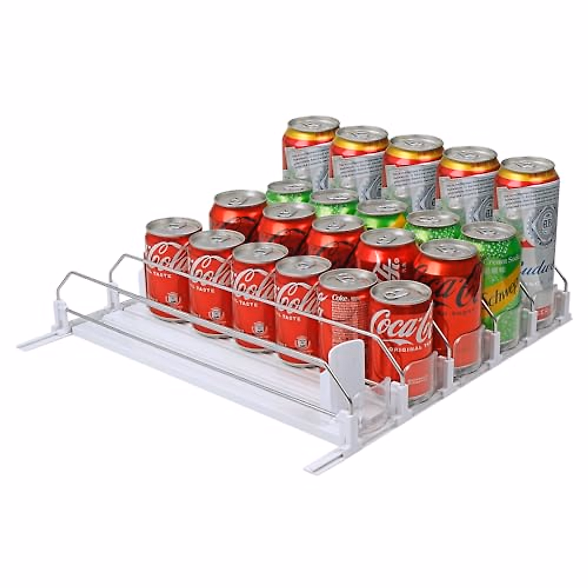 BUDO Drink Dispenser for Fridge, Self-Pushing Adjustable Width Beverage Water Beer Storage Holder for Kitchen Pantry, Holds up to 30 Cans (White, 16.4inch)
