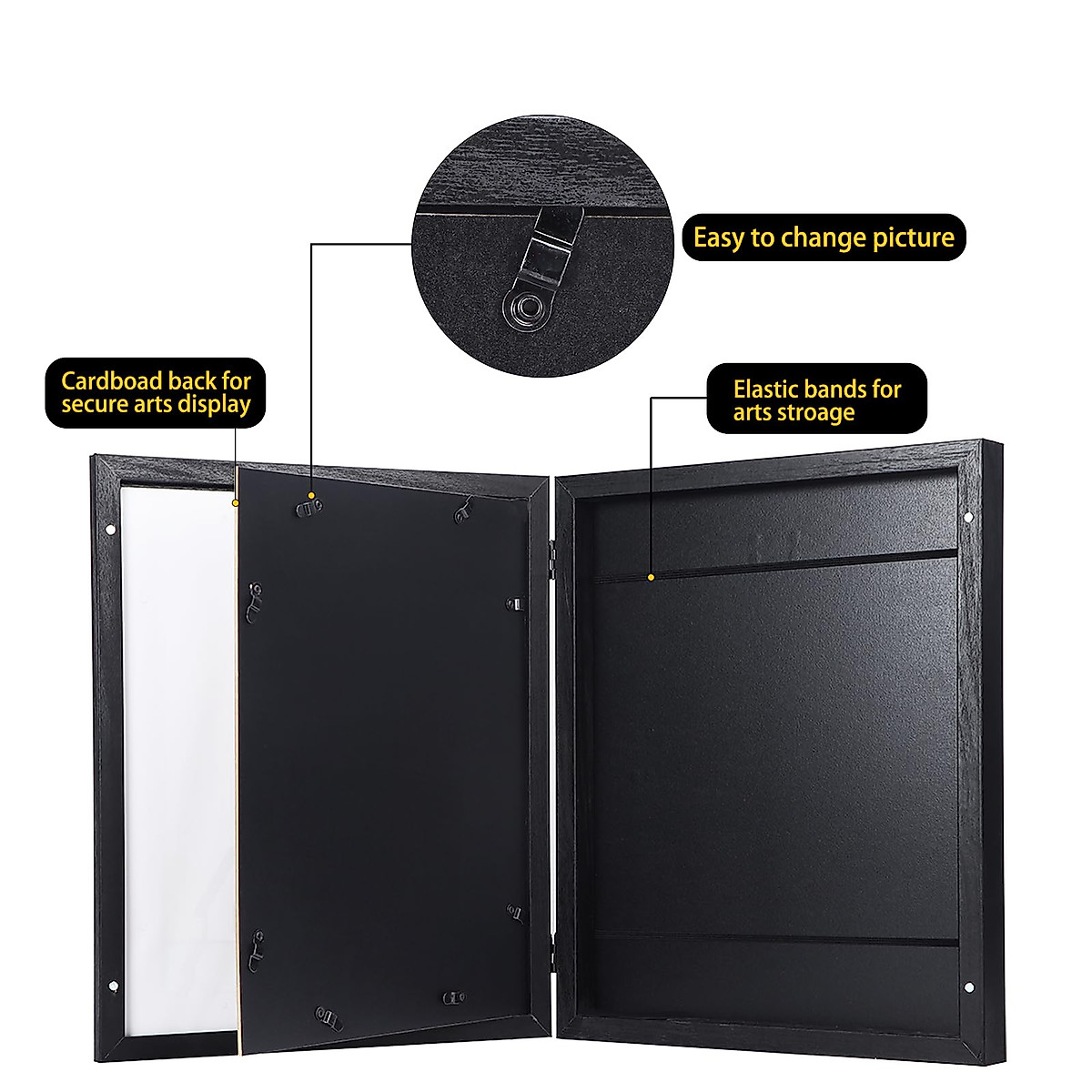 Giftgarden Black Kids Art Frame Changeable, Matted Display 8.5x11 Picture with Mat or 10x12.5 without Mat, Hinged Wood Frames for Children Artwork Projects Drawing Storage, Holds 150Pcs A4