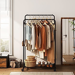 Hoctieon Double Rod Garment Rack,Clothes Rack on Wheels,Portable Clothing Racks for Hanging Clothes,Closet Hanger Rack with Shelves Black