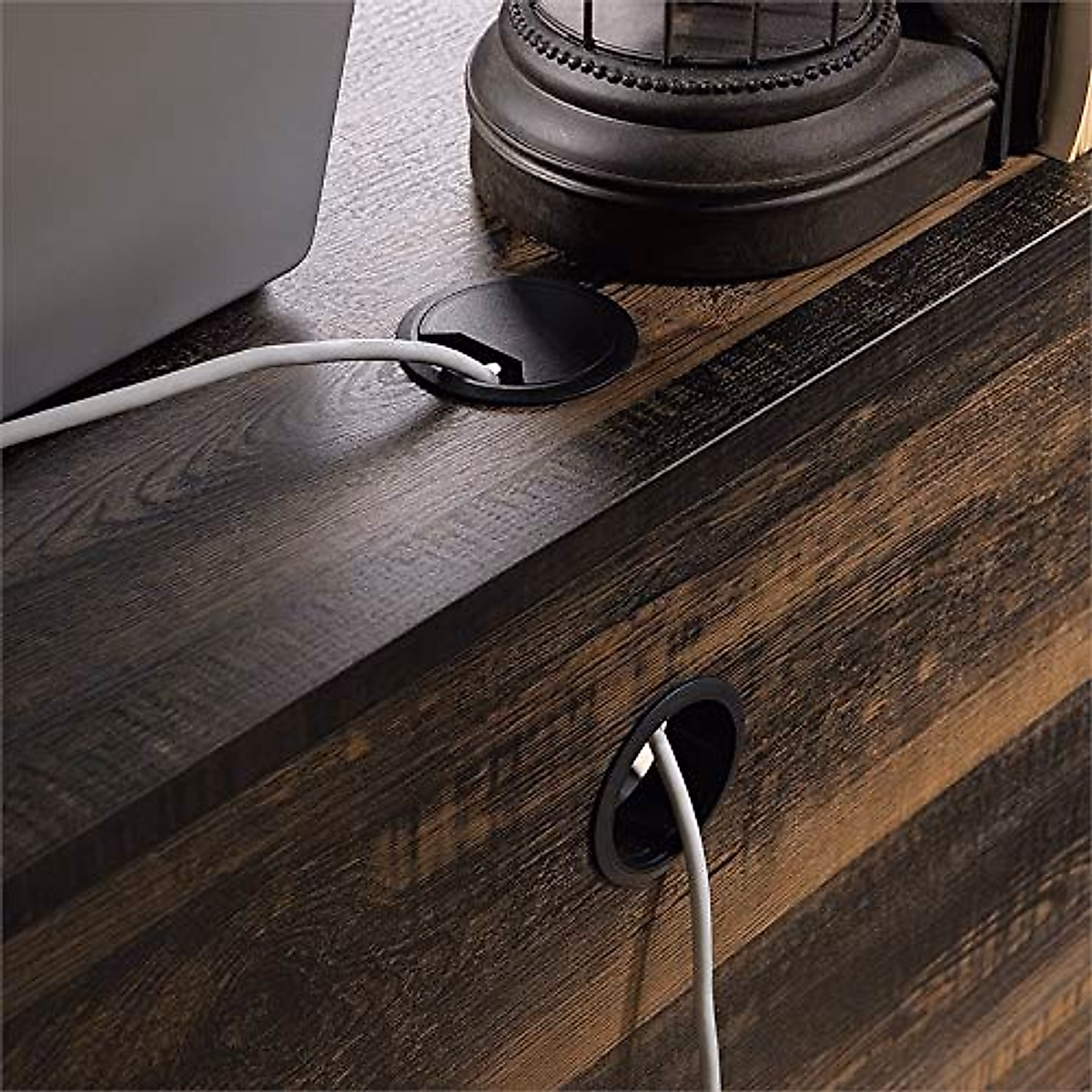 Pemberly Row Home Office L Shape Corner Desk in Rustic Carbon Oak and Black