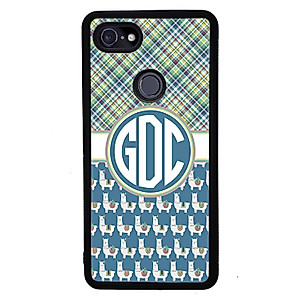 Green Blue and White Plaid Llama Monogram Black Rubber Phone Case Compatible With Google Pixel 8 Pro, 8a, 8, 7a, 7, Pixel 7 Pro, 6a, Pixel 6 Pro, 6, 5, 4a 5G, 4a 4G, 4, 4 XL, 3a, 3a XL, 3