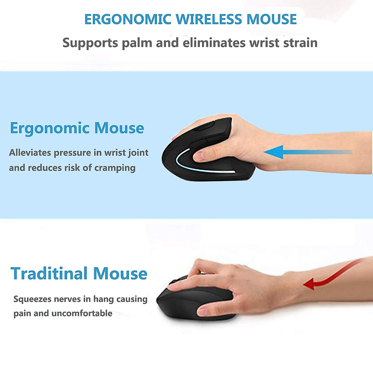 Acedada Ergonomic Mouse, Vertical Wireless Mouse, Rechargeable Optical Ergo Mice, 800/1200 /1600 DPI, 5 Buttons for Laptop, Desktop, PC, MacBook - Black